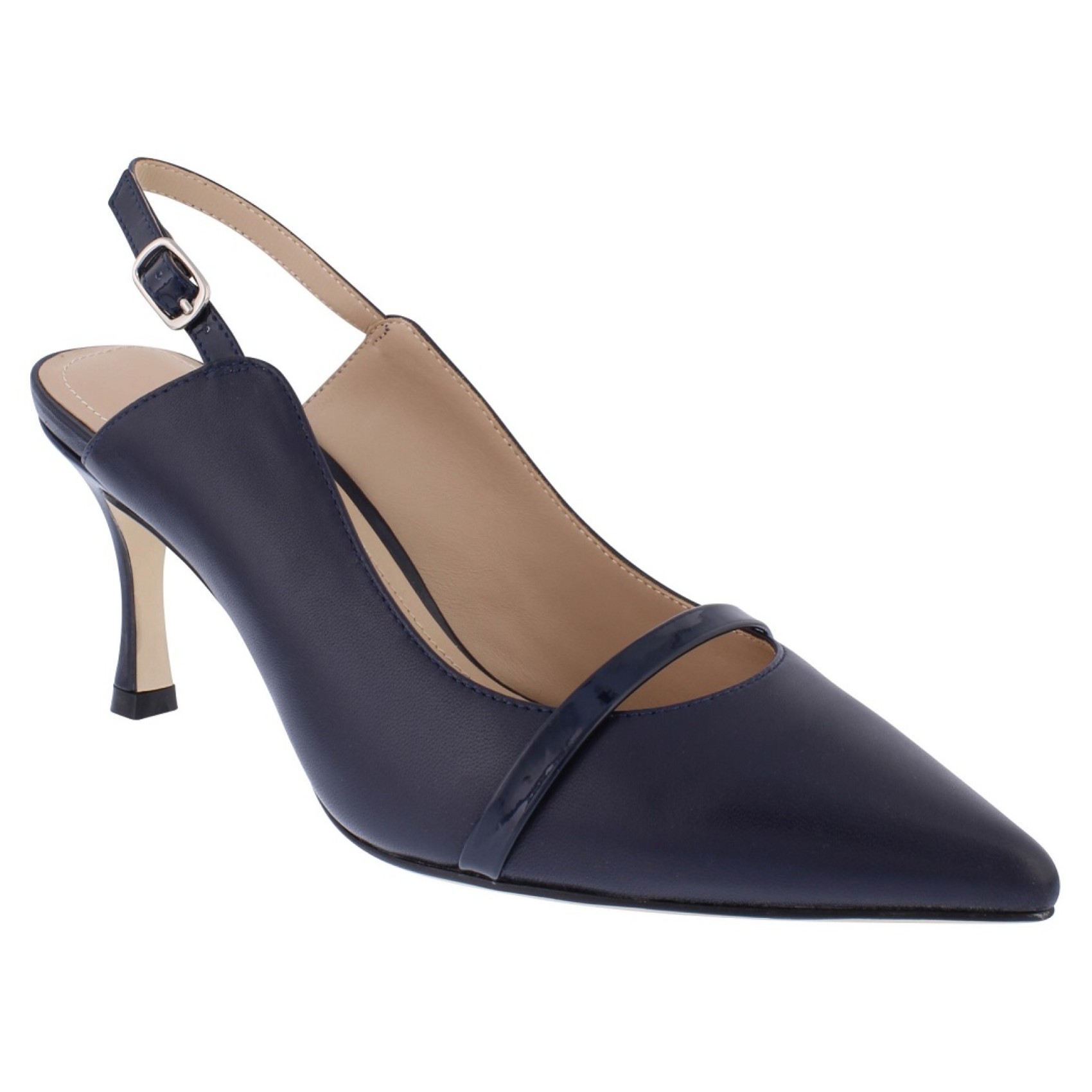 Capollini Emory Navy Leather Mid Heel Slingbacks with Patent Strap