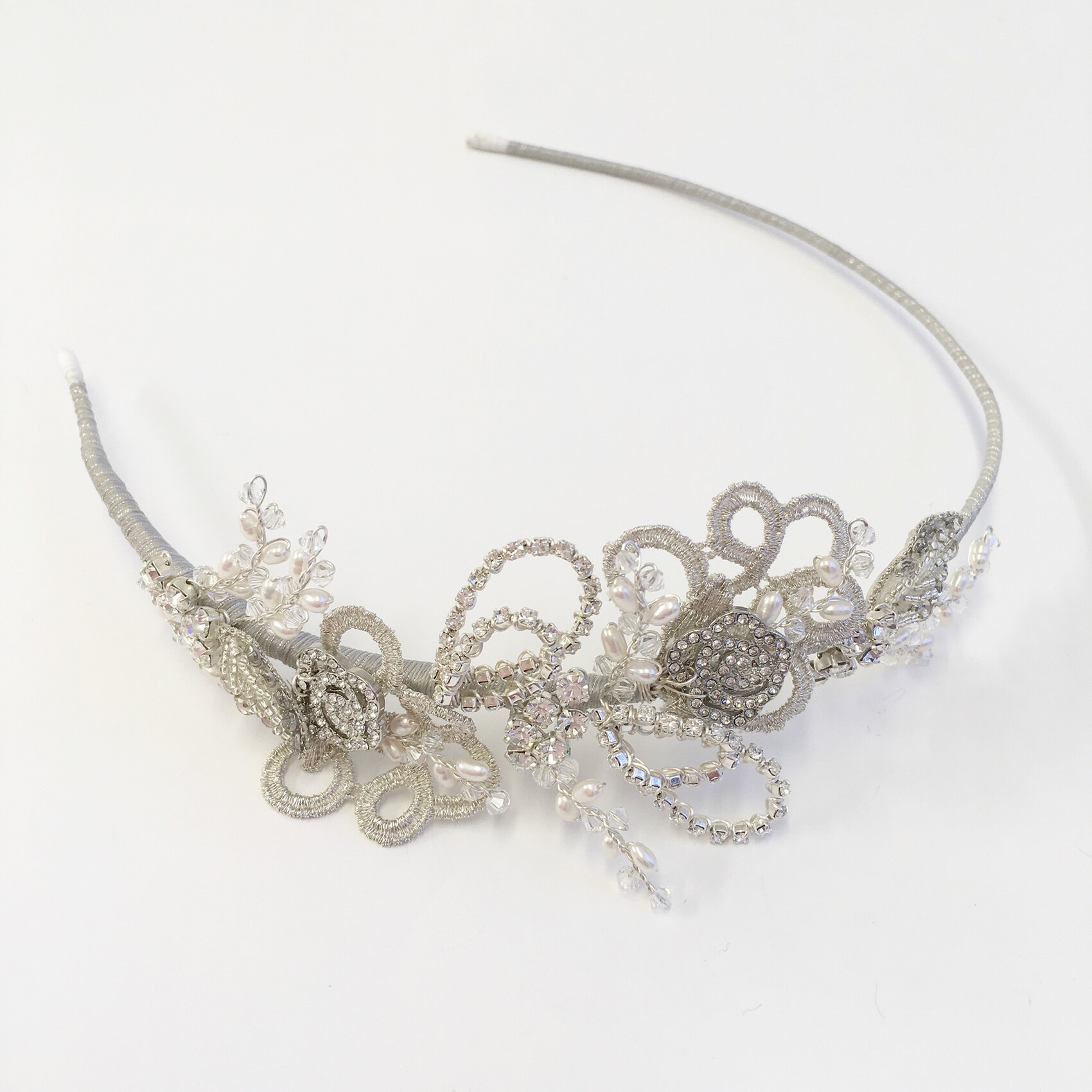 Leona Vintage Inspired Silver Lace and Crystal Side Headpiece