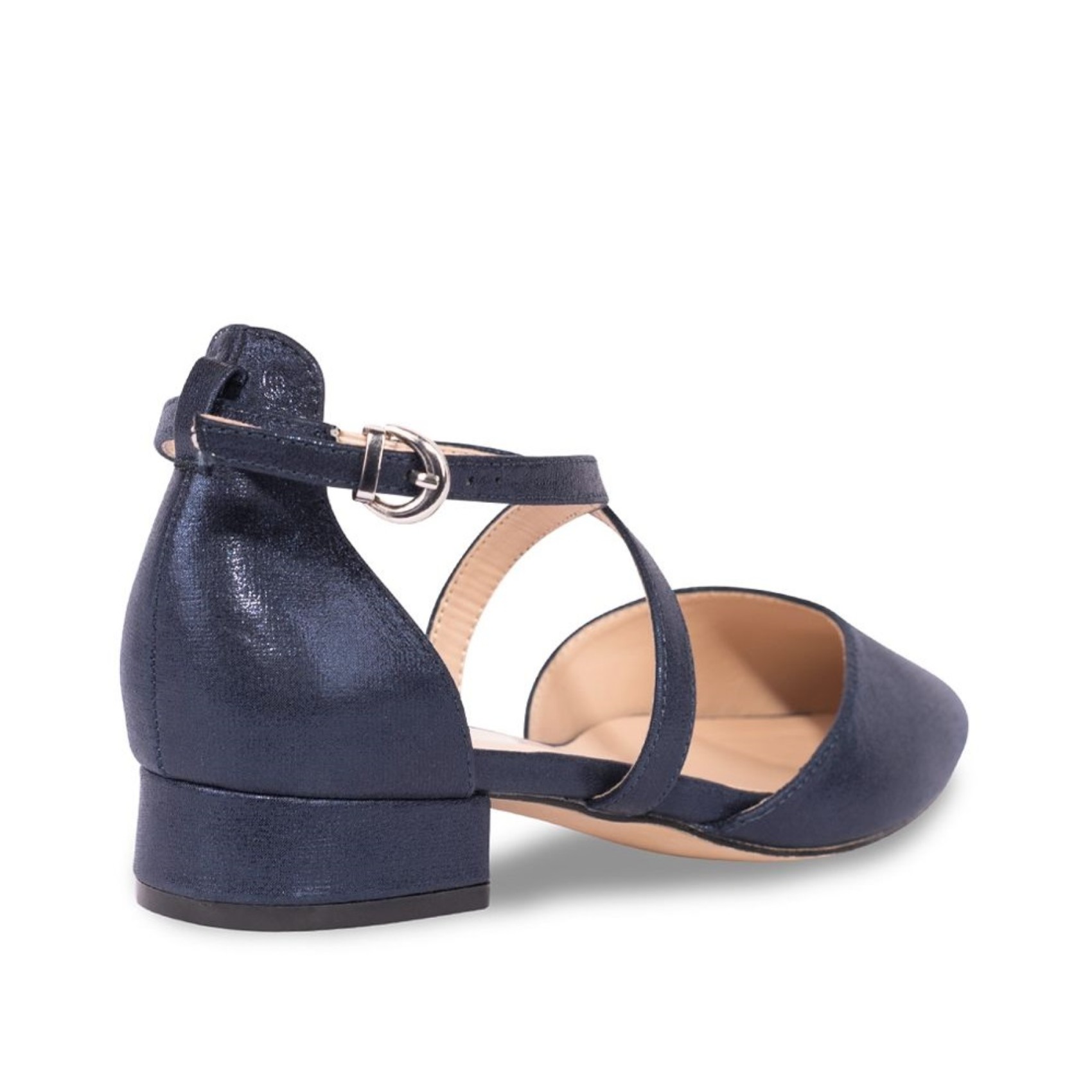 Paradox London Irene Navy Shimmer Cross Strap Low Block Heels