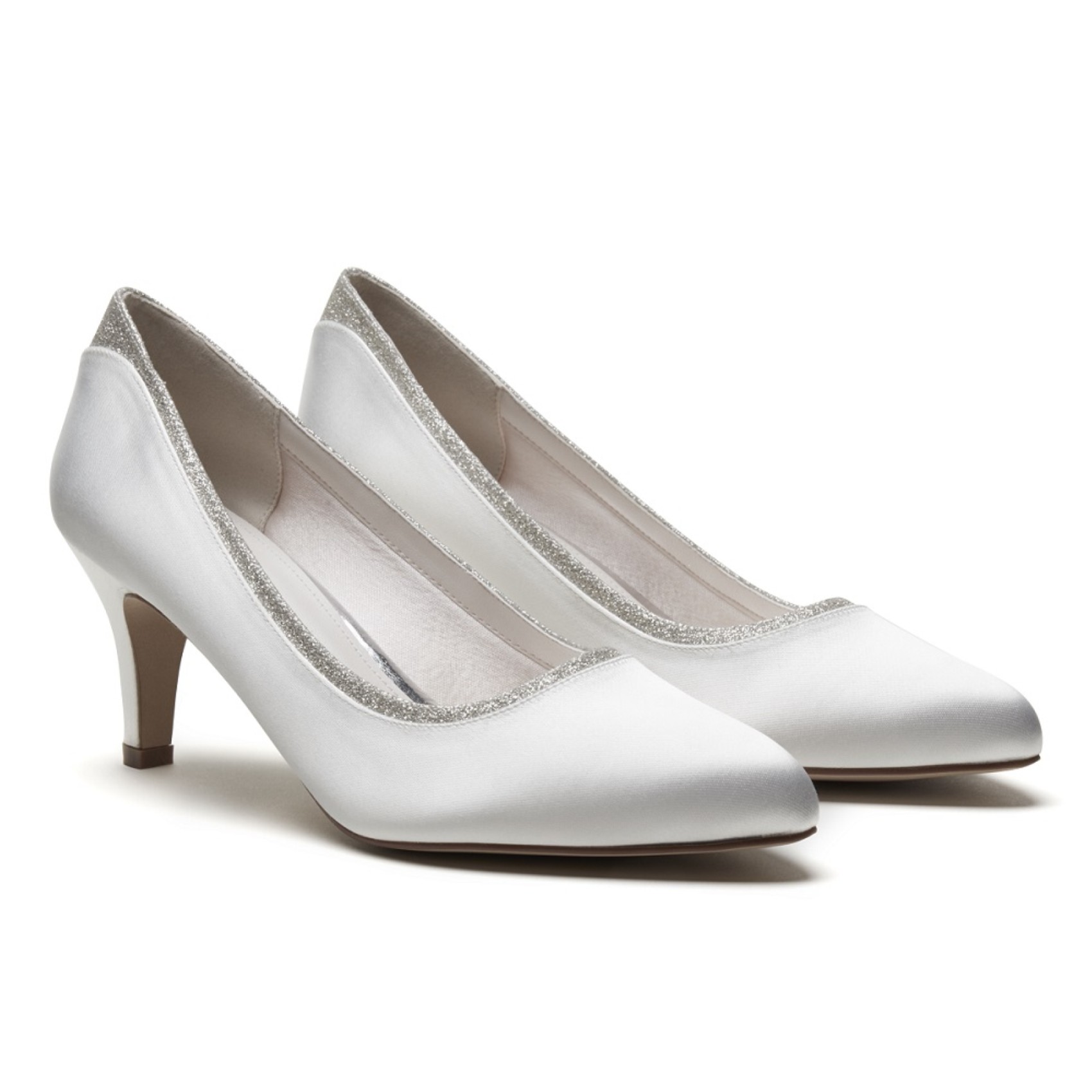 Rainbow Club Jara Ivory Satin and Silver Glitter Wide Fit Court Shoes
