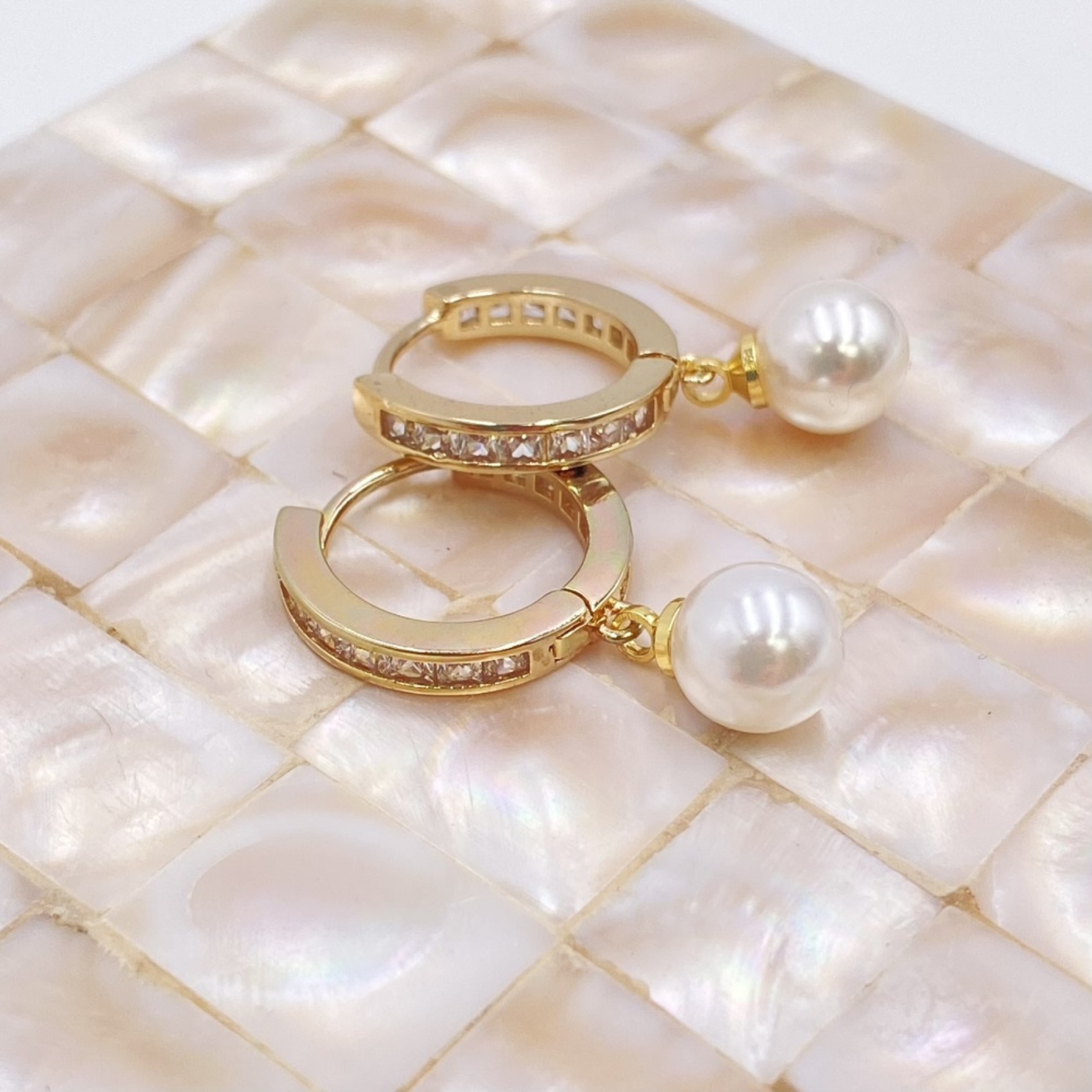 Tahiti Gold Pearl Drop Crystal Huggie Hoop Earrings