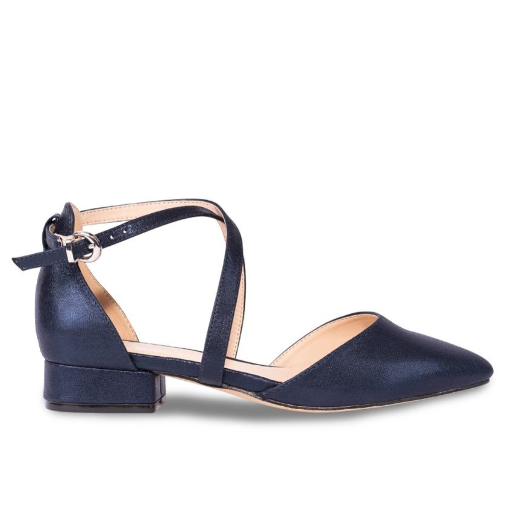 Paradox London Irene Navy Shimmer Cross Strap Low Block Heels