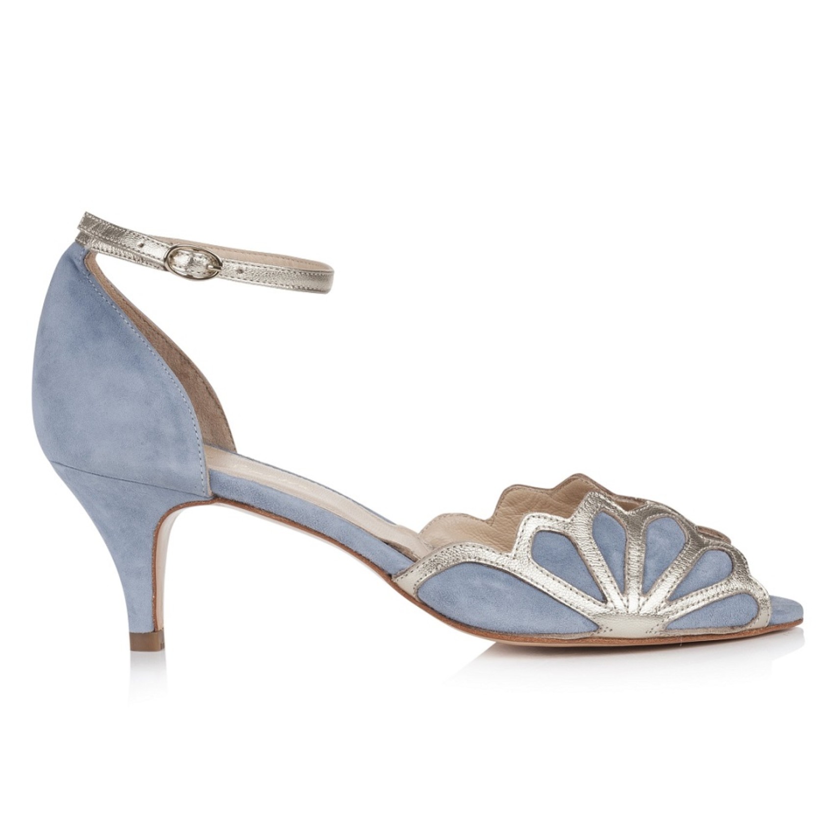 Rachel Simpson Isadora Dusky Blue Suede Low Heel Ankle Strap Sandals